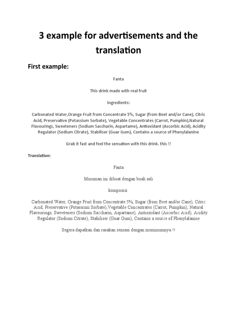 3 Example For Advertisements and The Translation | PDF | Sugar ...
