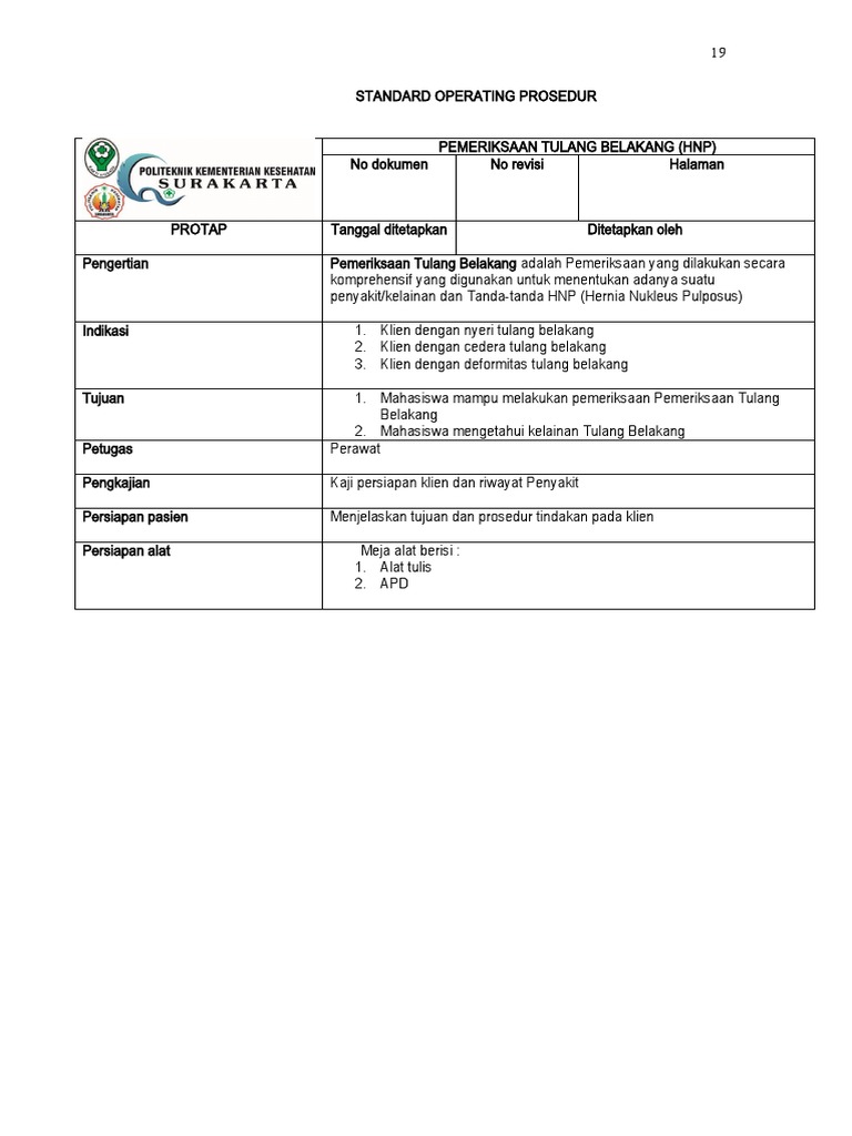 SOP Pemeriksaan HNP Tulang Belakang | PDF