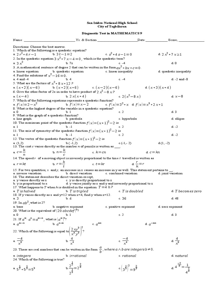 Diagnostic Math 9 | PDF | Triangle | Rectangle
