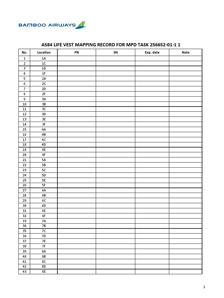 A584 Life Vest Mapping Info Record Form | PDF