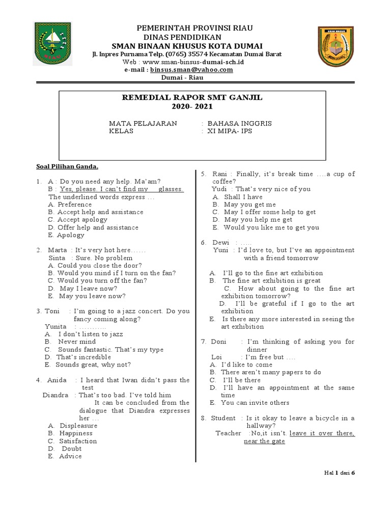 Soal Remedi Rapor SMT Ganjil KLS Xi Mipa - Ips | PDF