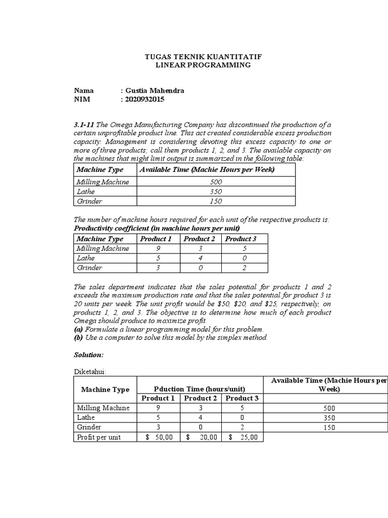 Tugas Teknik Kuantitatif Linear Programming: Diketahui | PDF | Linear ...