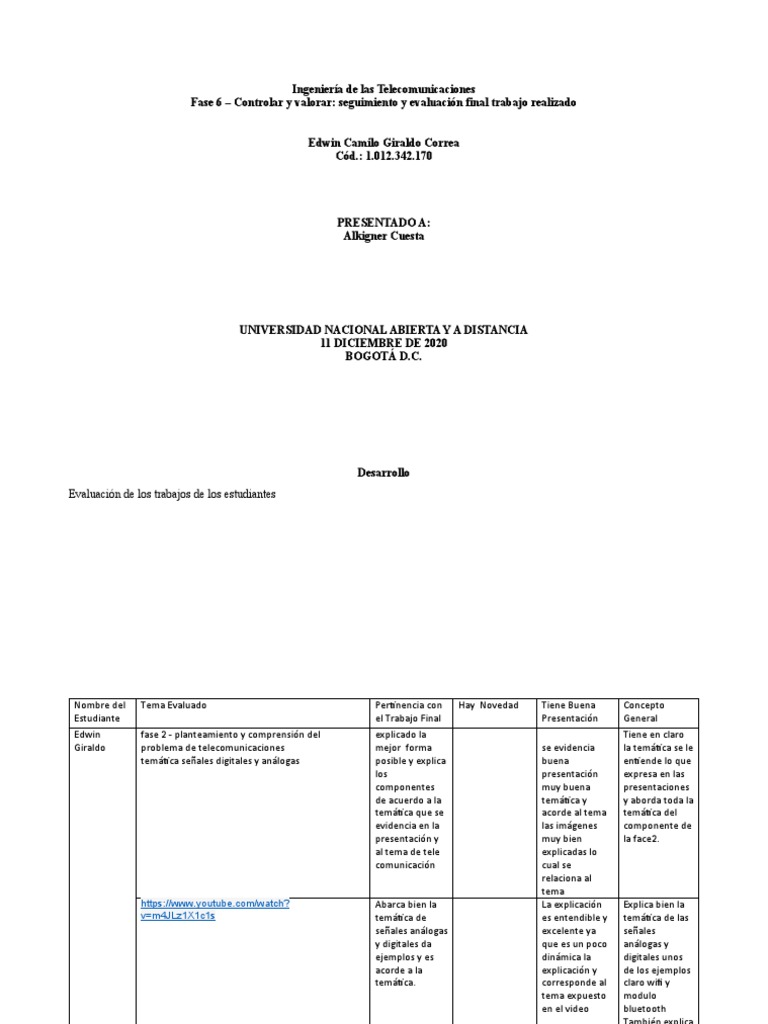 Cuadro Evalacion - Edwin Giraldo | PDF | Módem | Televisión por cable