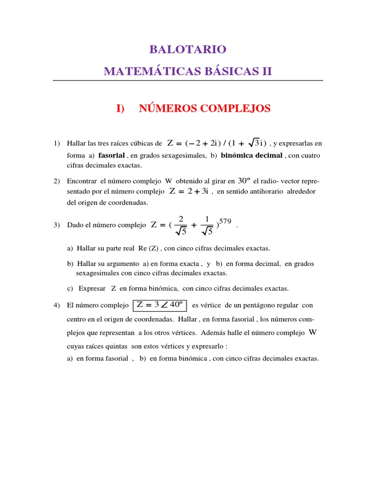 BALOTARIO DE MATEMÁTICAS BÁSICAS II | PDF | Número complejo | Geometría