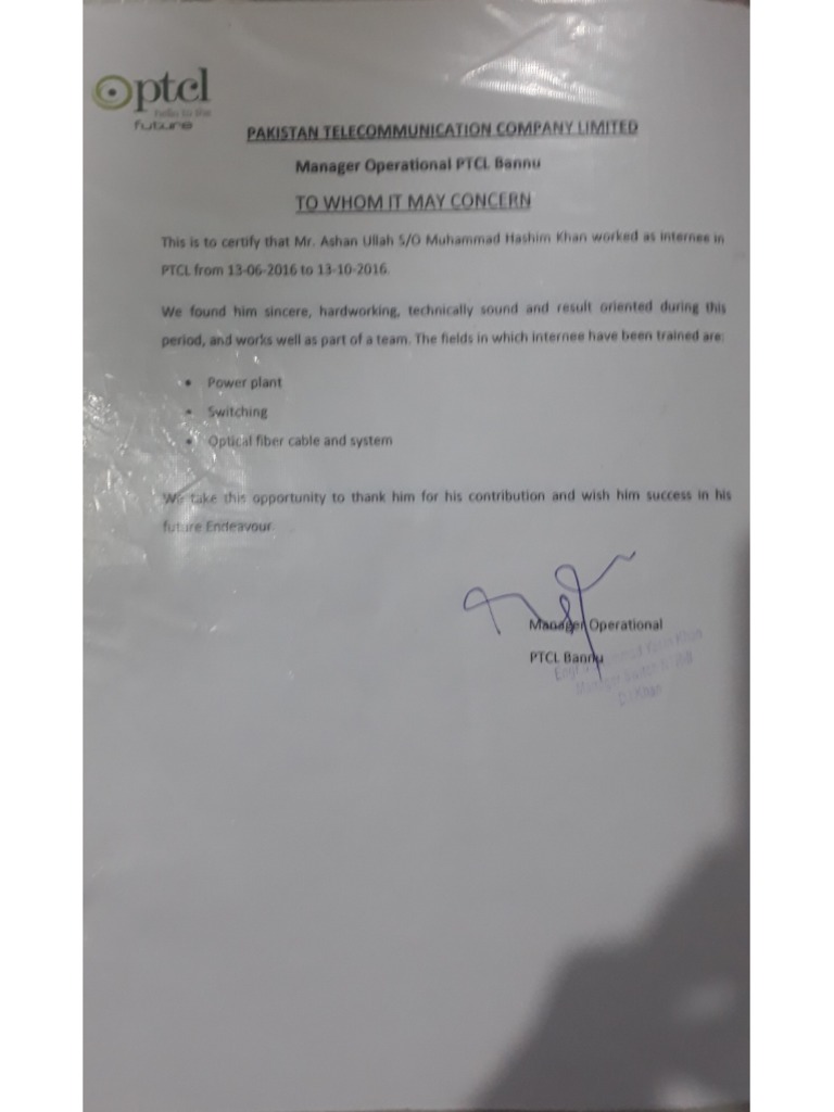 PTCL Experience Certificate PDF | PDF