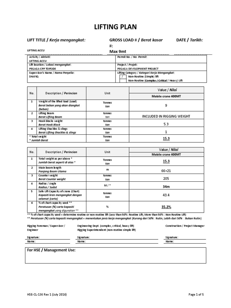 Lifting Plan: LIFT TITLE / Kerja Mengangkat: GROSS LOAD # / Berat Kasar ...