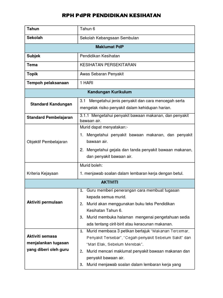 RPH Pendidikan Kesihatan Tahun 6 | PDF