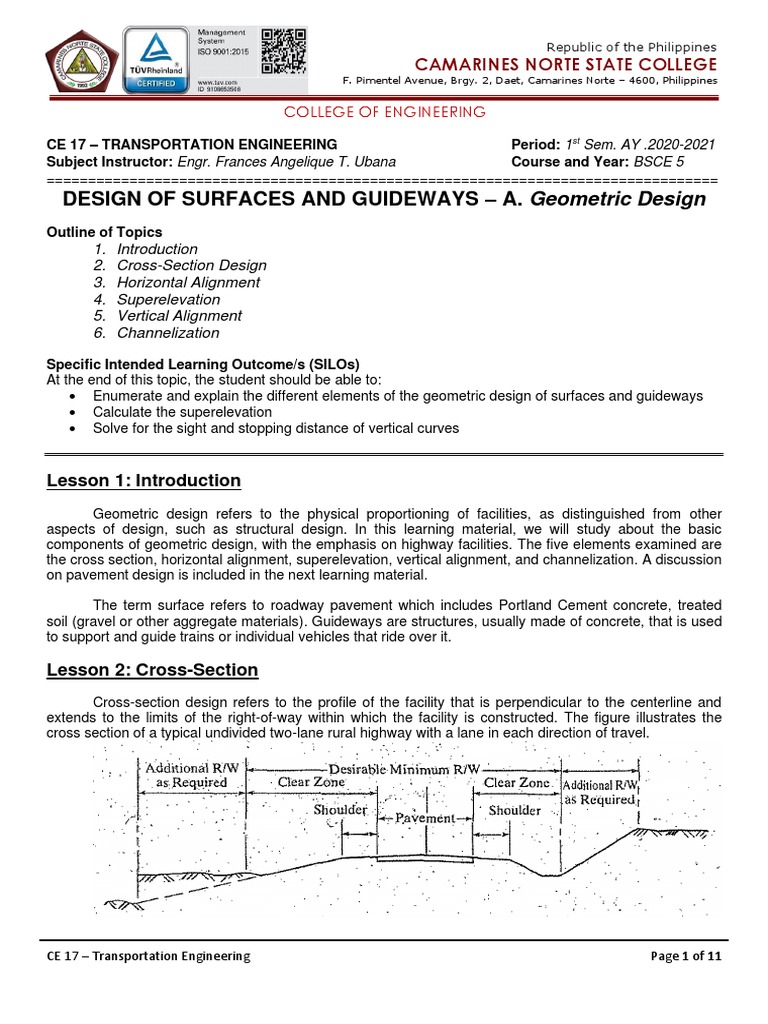 Design of Surfaces and Guideways Geometric Design REV 1 | PDF | Traffic ...