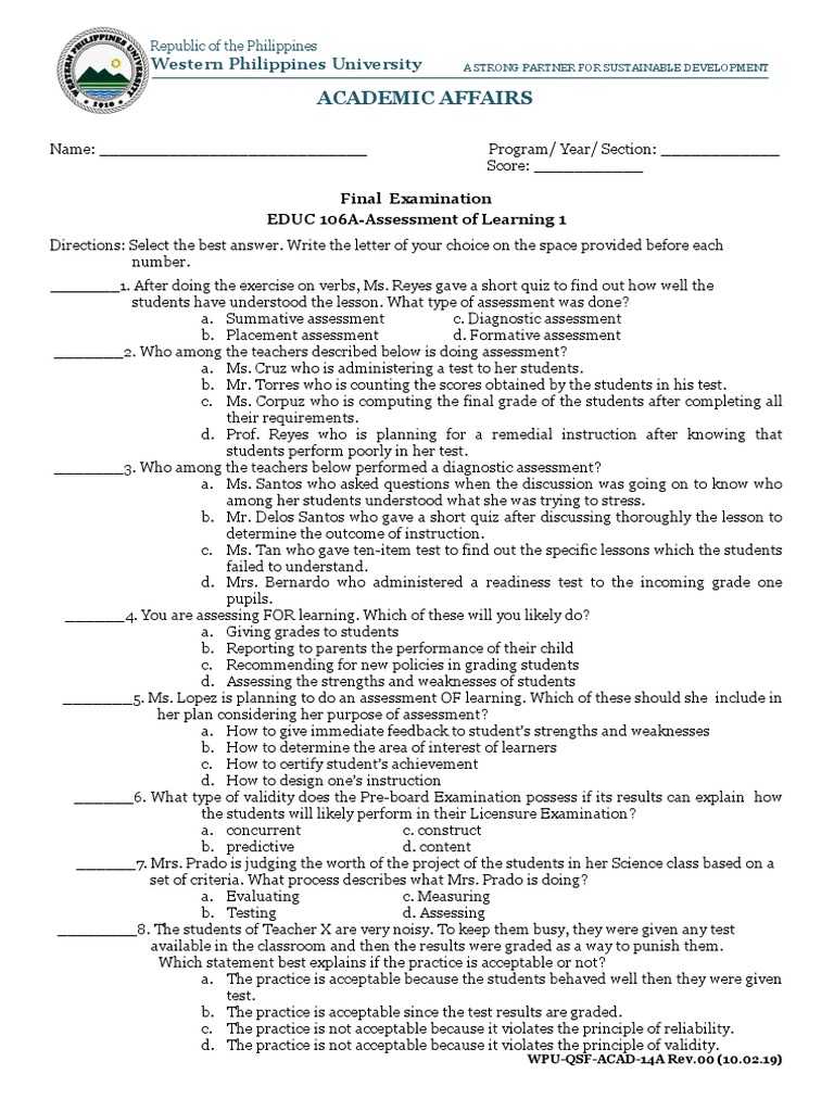 Educ 106A Assessment of Learning FINAL EXAM | PDF | Educational ...