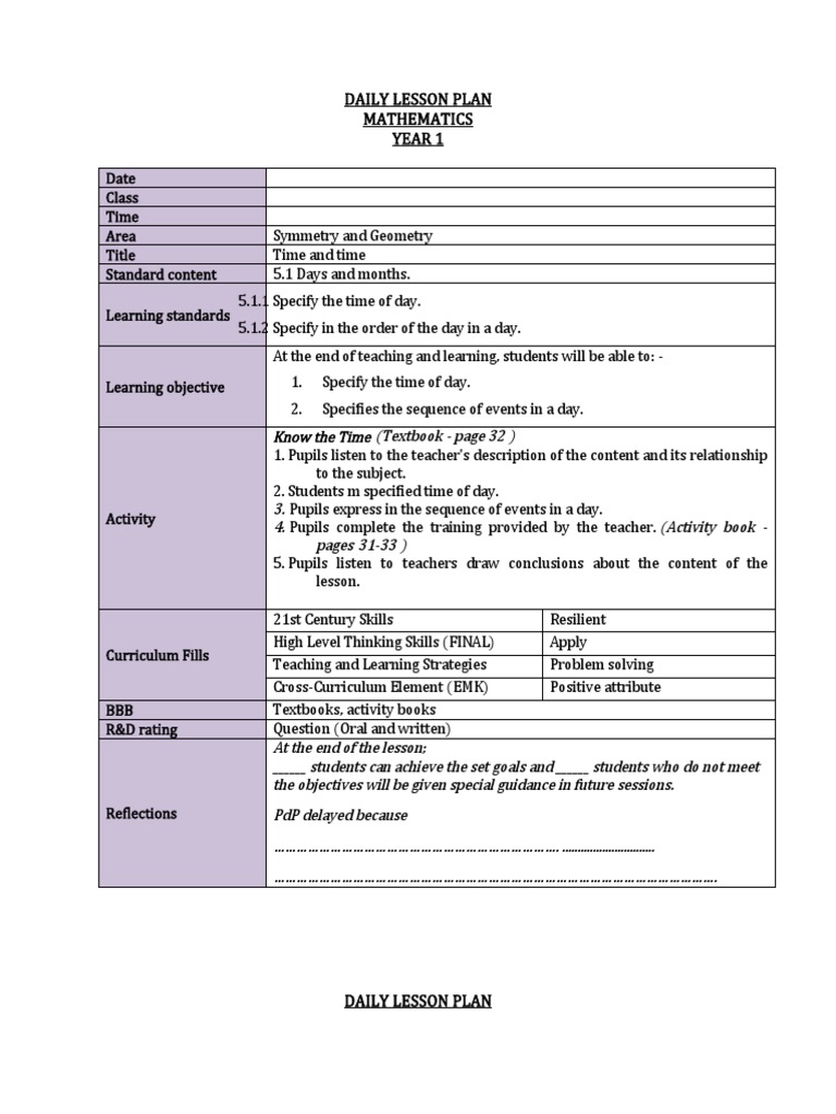 DAILY LESSON PLAN Time | PDF | Lesson Plan | Teachers