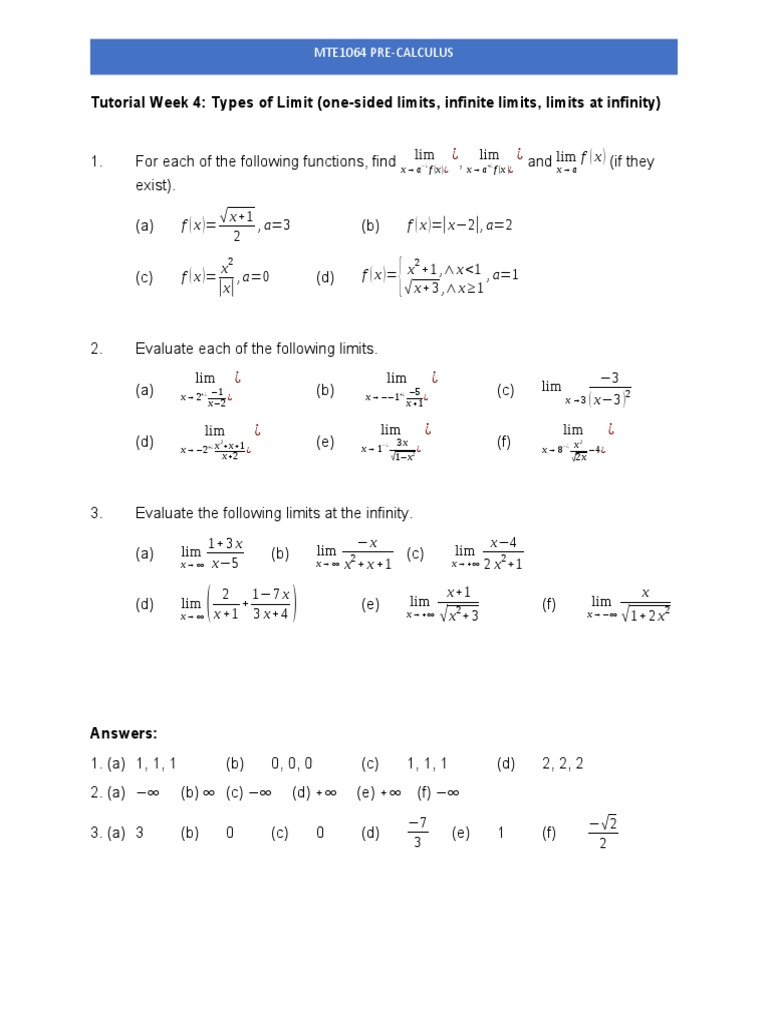Tutorial Week 3 - Types of Limits | PDF | Infinity | Systems Science