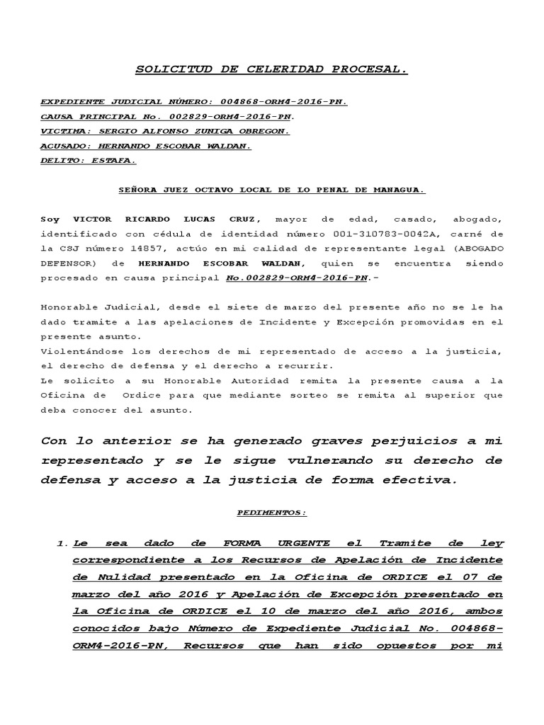 Solicitud de Celeridad Procesal | PDF