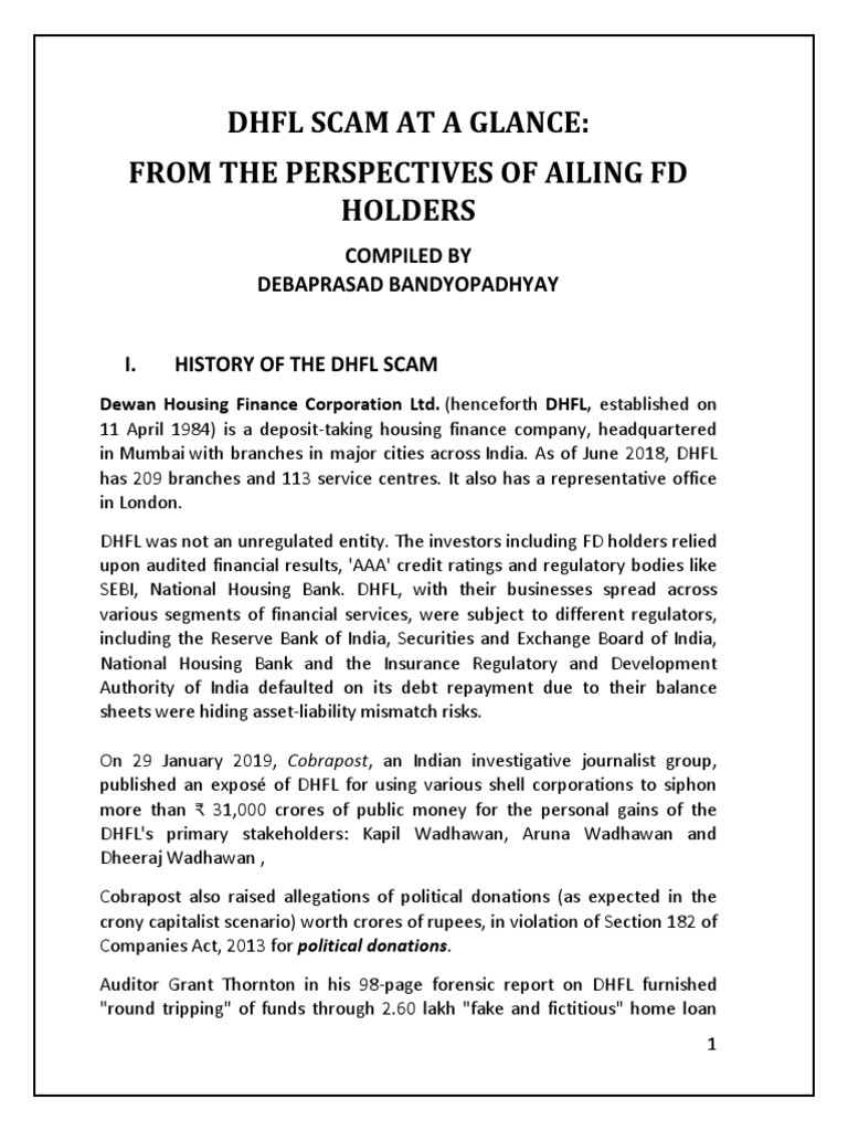 Notes On The DHFL SCAM AT A GLANCE: FROM THE PERSPECTIVES OF AILING FD ...