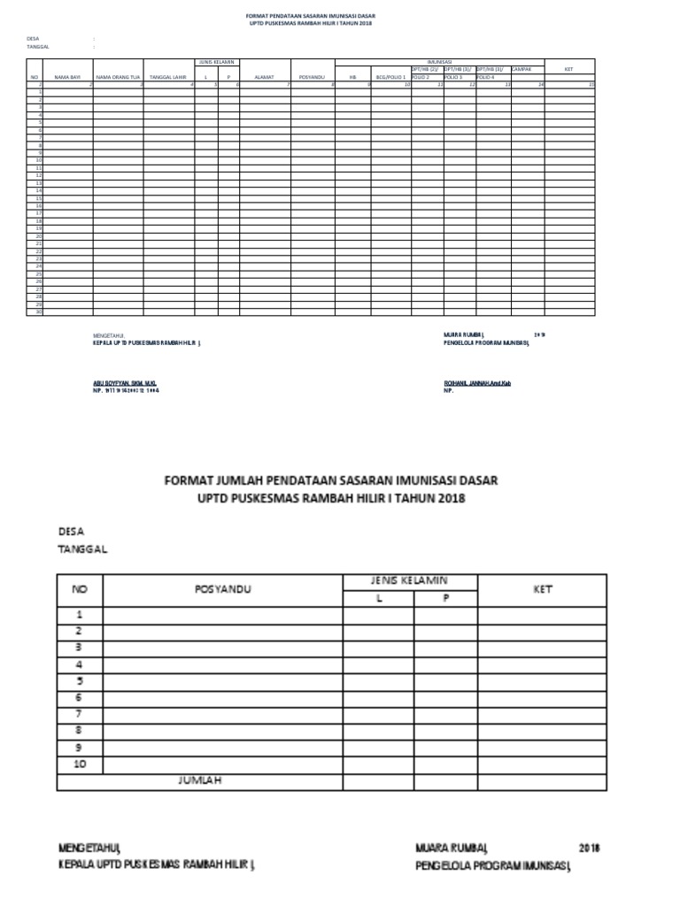 Format Pendataan Sasaran Imunisasi Dasar | PDF
