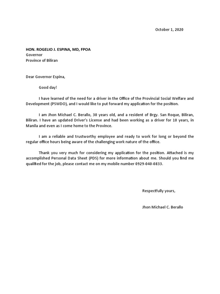 Application Letter Driver | PDF