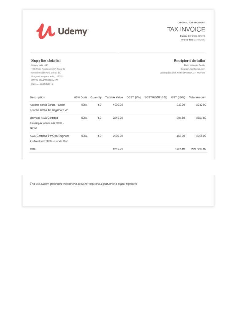 Tax Invoice for Udemy Online Courses Purchased by Badri Kotanjan Reddy ...