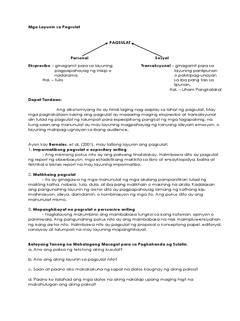 Mga Layunin Sa Pagsulat | PDF