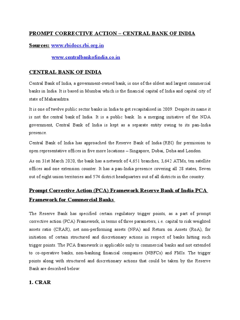 Prompt Corrective Action - Cbi | PDF | Banks | Financial Services