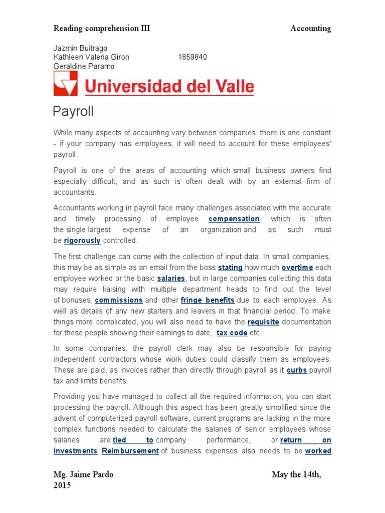 Payroll: Reading Comprehension III Accounting | PDF | Payroll | Employment