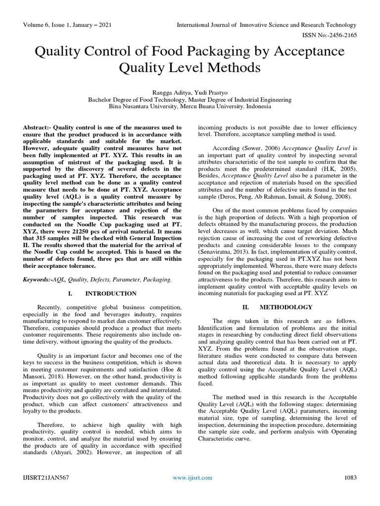Quality Control of Food Packaging by Acceptance Quality Level Methods ...