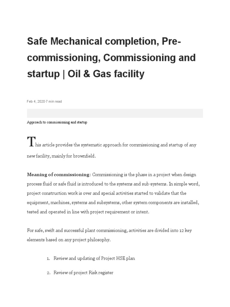 Safe Mechanical Completion, Pre-Commissioning, Commissioning and ...