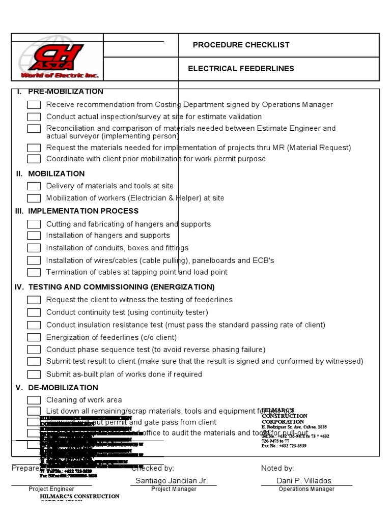 Procedure Checklist Electrical Feederlines I. Pre-Mobilization | PDF ...