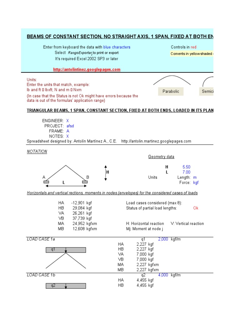 Beams of Constant Section, No Straight Axis, 1 Span, Fixed at Both Ends ...