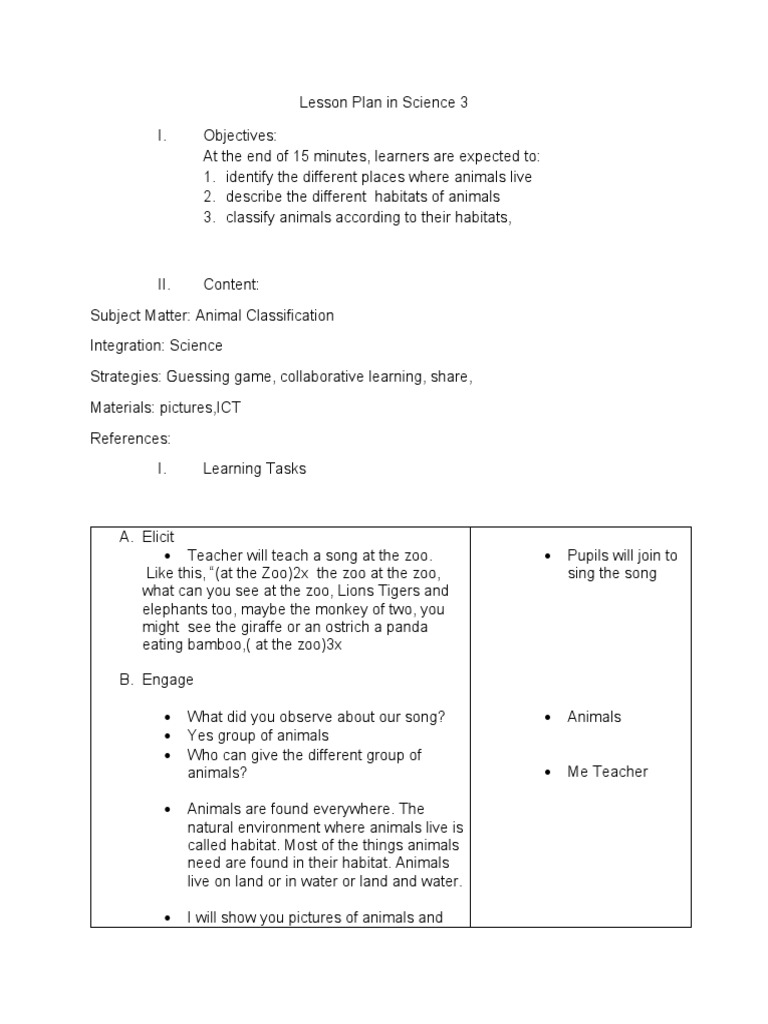 Lesson Plan in Science 3 | PDF | Lesson Plan | Zoo