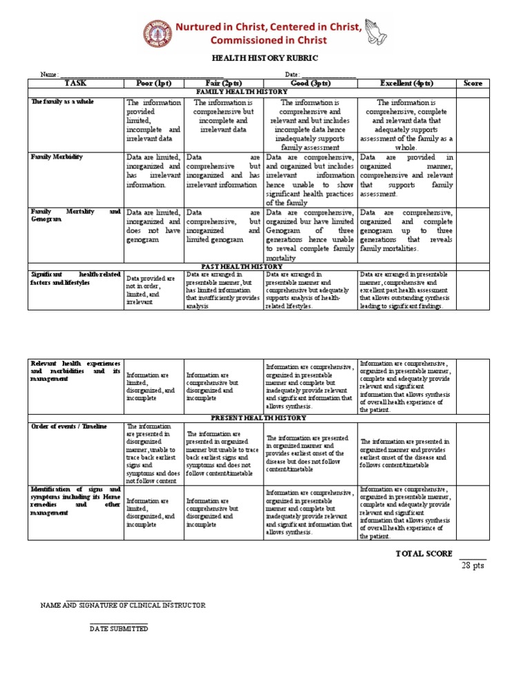 Health History Rubric Task Poor (1pt) Fair (2pts) Good (3pts) Excellent ...