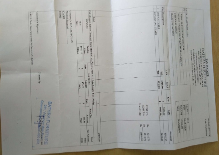 Invoice For Office Chair and Table | PDF