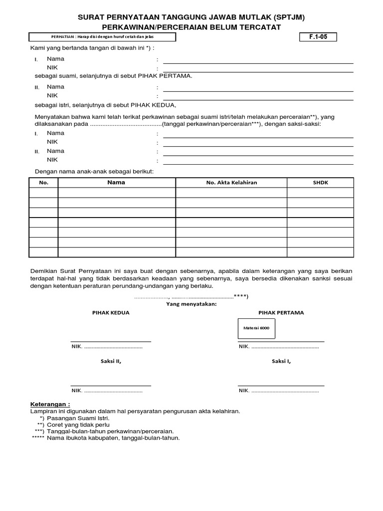 FORMULIR F1-05 SPTJM Perkawinan-Perceraian | PDF