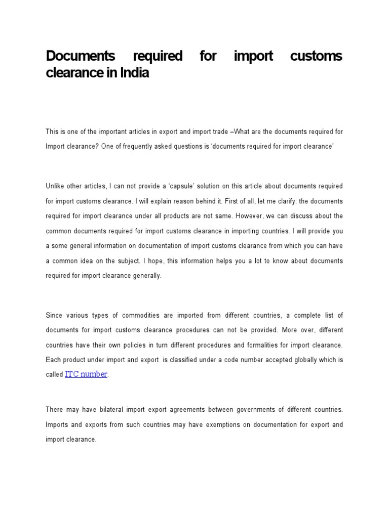 Documents Required For Import Customs Clearance in India | PDF ...