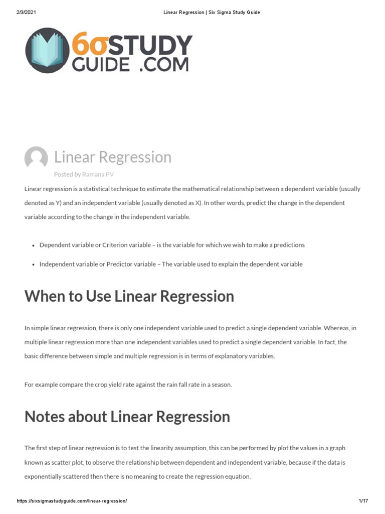 Linear Regression - Six Sigma Study Guide | PDF | Dependent And ...