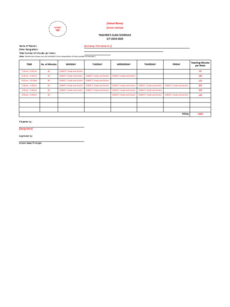 TSS Teacher Class Schedule Format1 | PDF | Schools