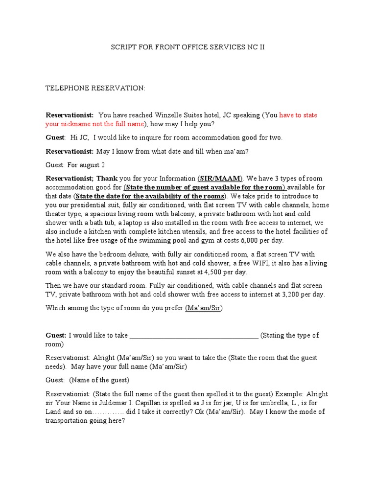 Script For Front Office Services NC Ii | PDF | Bathroom | Hotel And ...