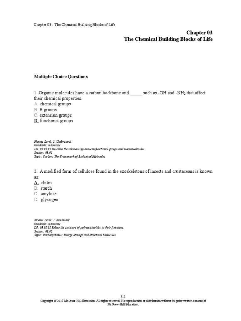 The Chemical Building Blocks of Life: Multiple Choice Questions | PDF ...