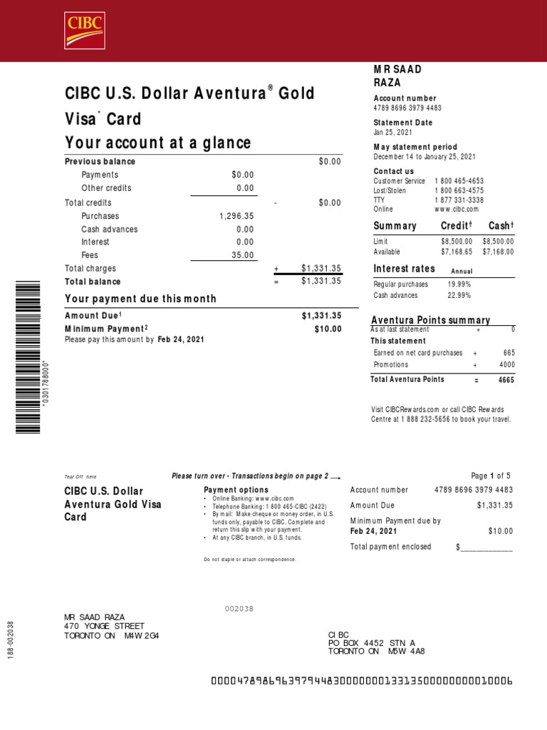CIBC U.S. Dollar Aventura Gold Visa Card: Your Account at A Glance | PDF