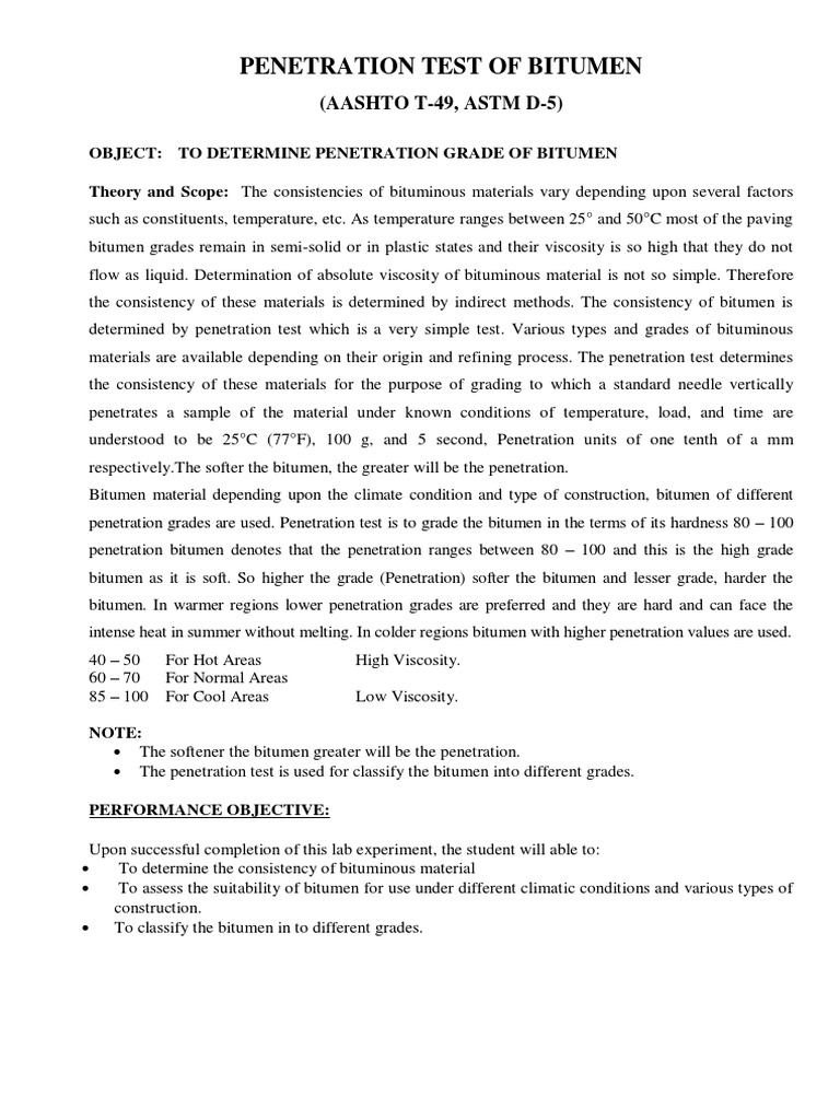 Penetration Test of Bitumen: (AASHTO T-49, ASTM D-5) | Download Free ...