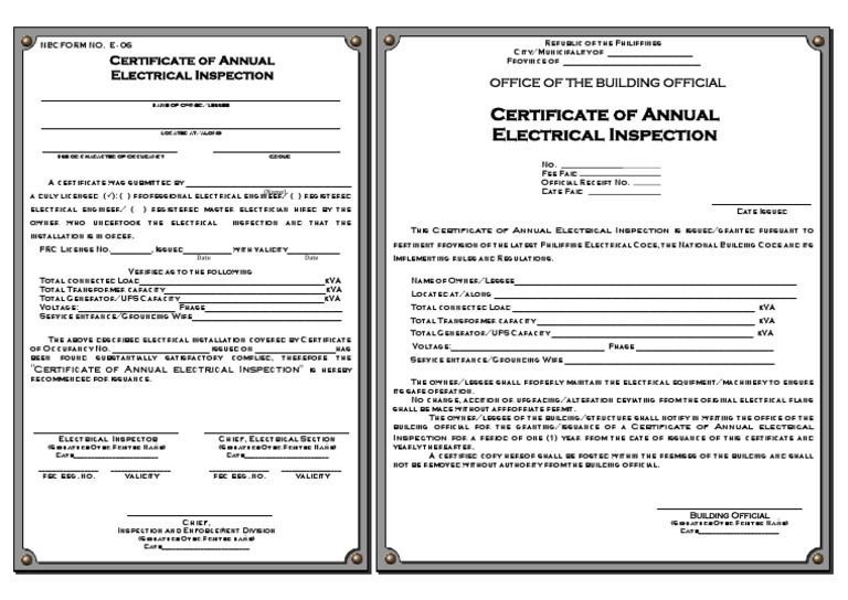Certificate of Annual Electrical Inspection | PDF | Electrician ...