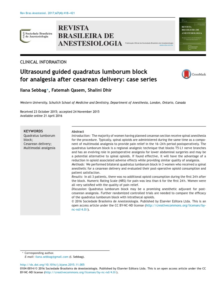 Ultrasound Guided Quadratus Lumborum Block For Analgesia After Cesarean ...