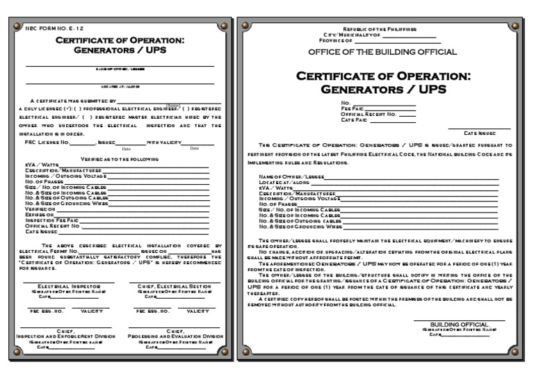 Certificate of Operation Generators UPS | PDF | Electrician | Electricity