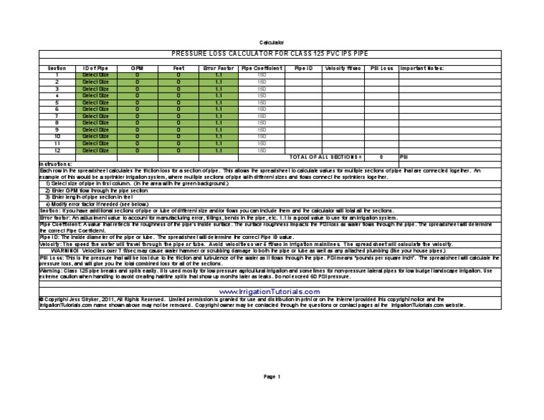 Cl125 PVC Pressure Friction Loss Calculator | PDF | Pipe (Fluid ...