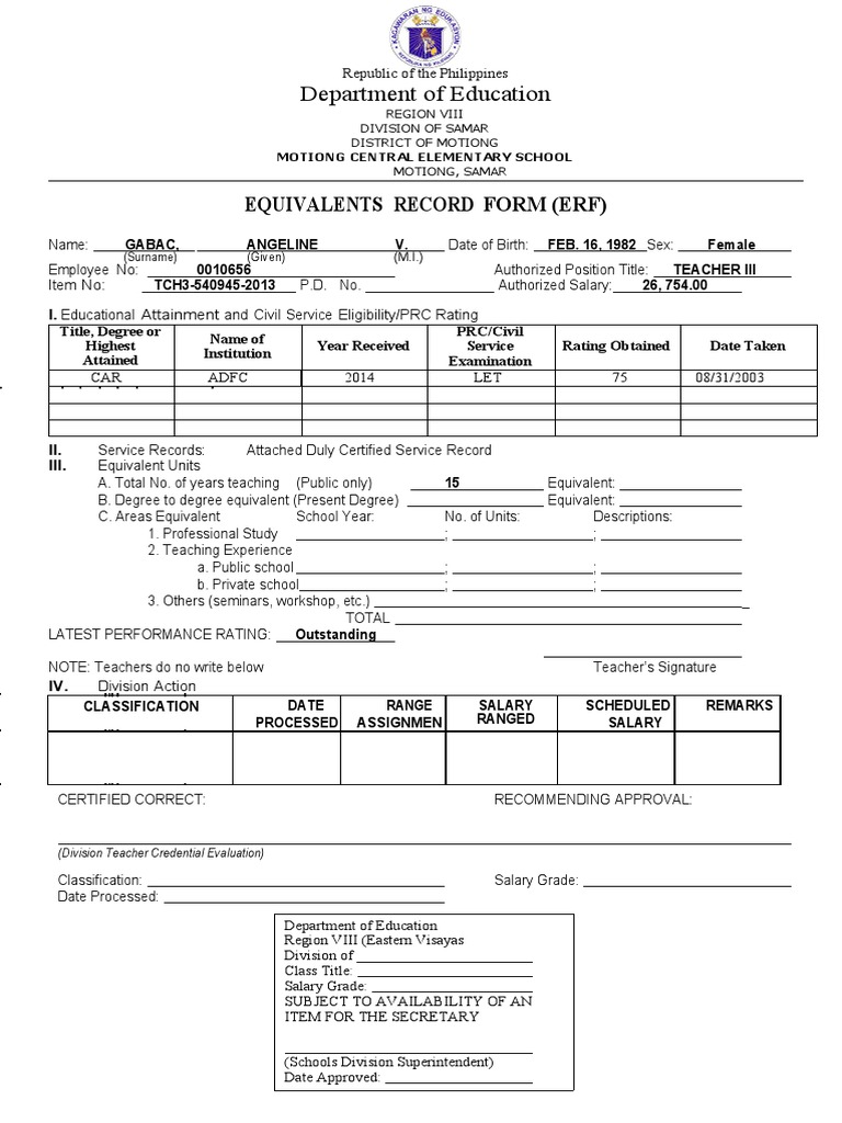Equivalents Record Form (Erf) : Department of Education | PDF ...