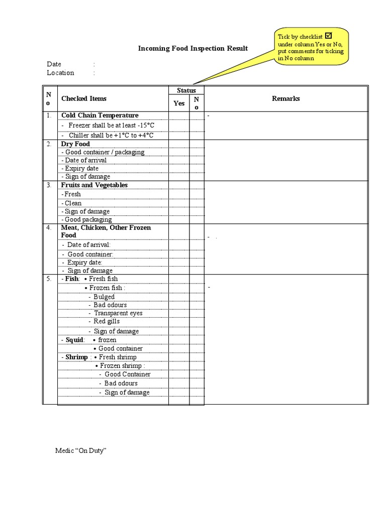 Date: Location:: Incoming Food Inspection Result | PDF