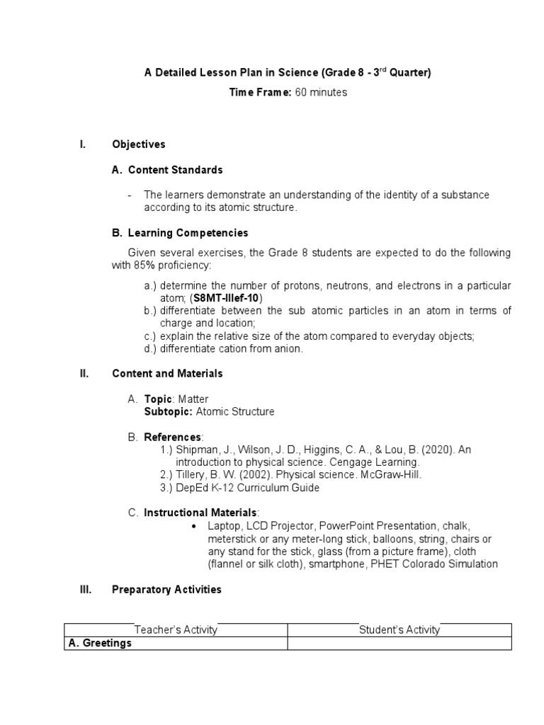 A Detailed Lesson Plan in Science (Grade 8 - 3 Quarter) Time Frame: 60 ...