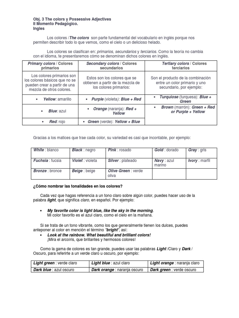 Clase 3 Colores y Adjetivos Posesivos | PDF | Color | Procesamiento de ...