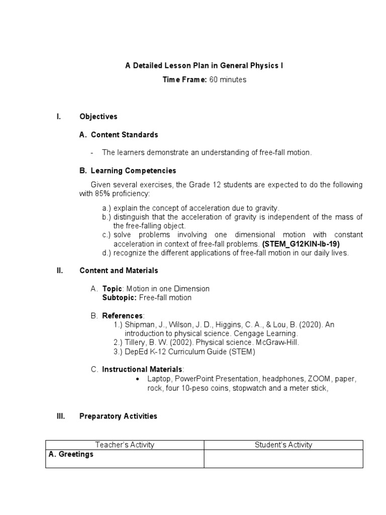 A Detailed Lesson Plan in General Physics I Time Frame: 60 Minutes ...