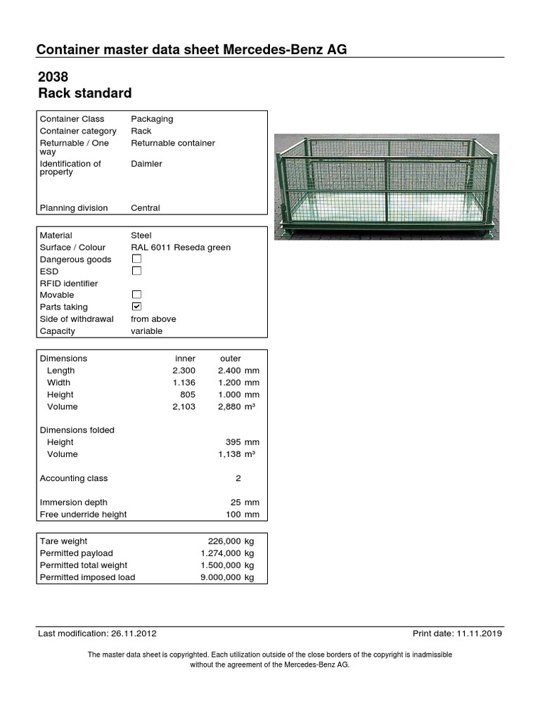 Container 2038 Master Data Sheet | PDF