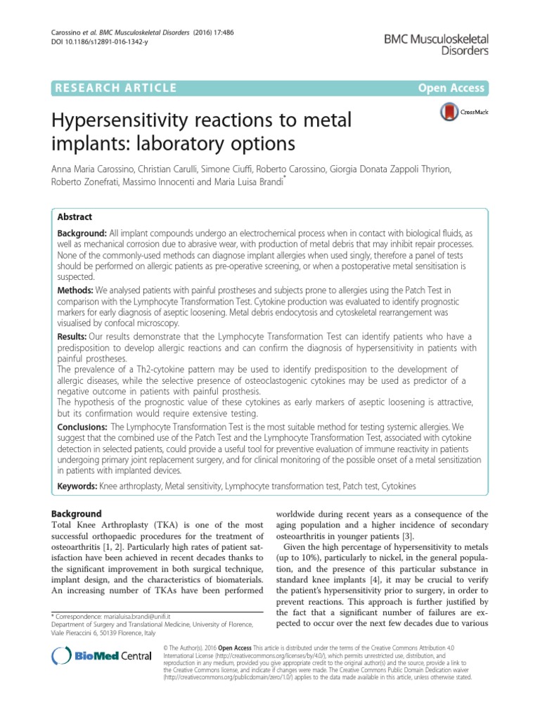 Hypersensitivity Reactions To Metal Implants: Laboratory Options | PDF ...