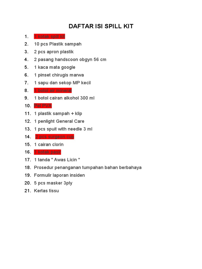 Daftar Isi Spill Kit | PDF